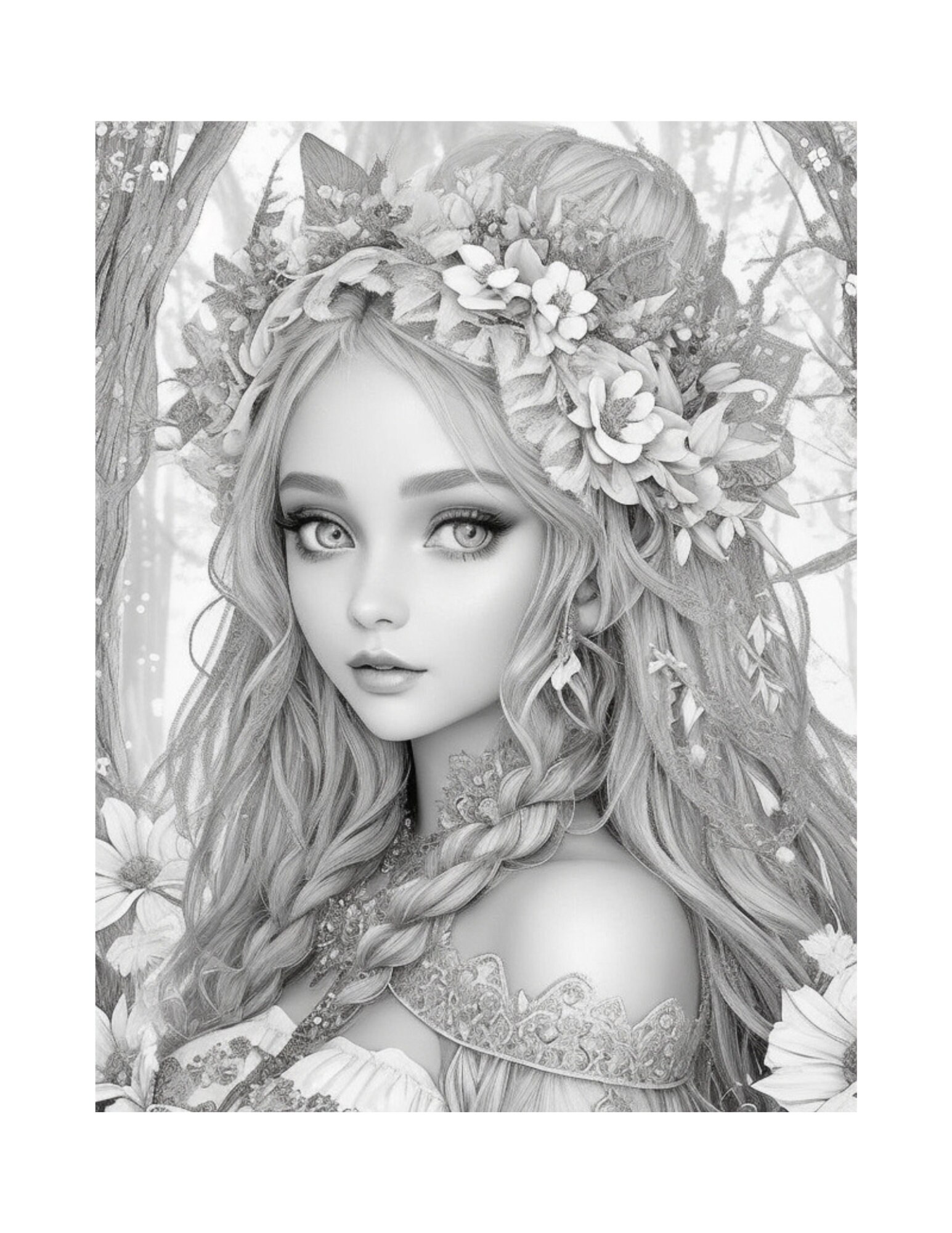 Garden Fairy & Fairy Princess Coloring Page for Adults Cute Grayscale ...