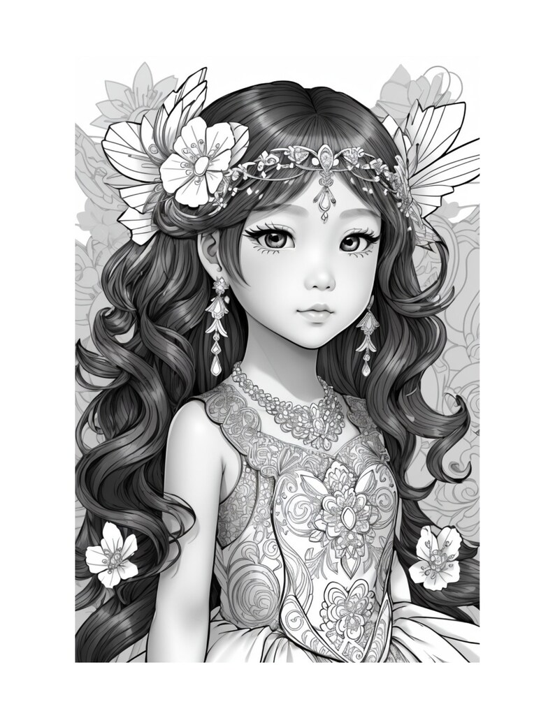 Fairy Dress and Jewels Coloring Page for Adults Cute Grayscale Cute ...