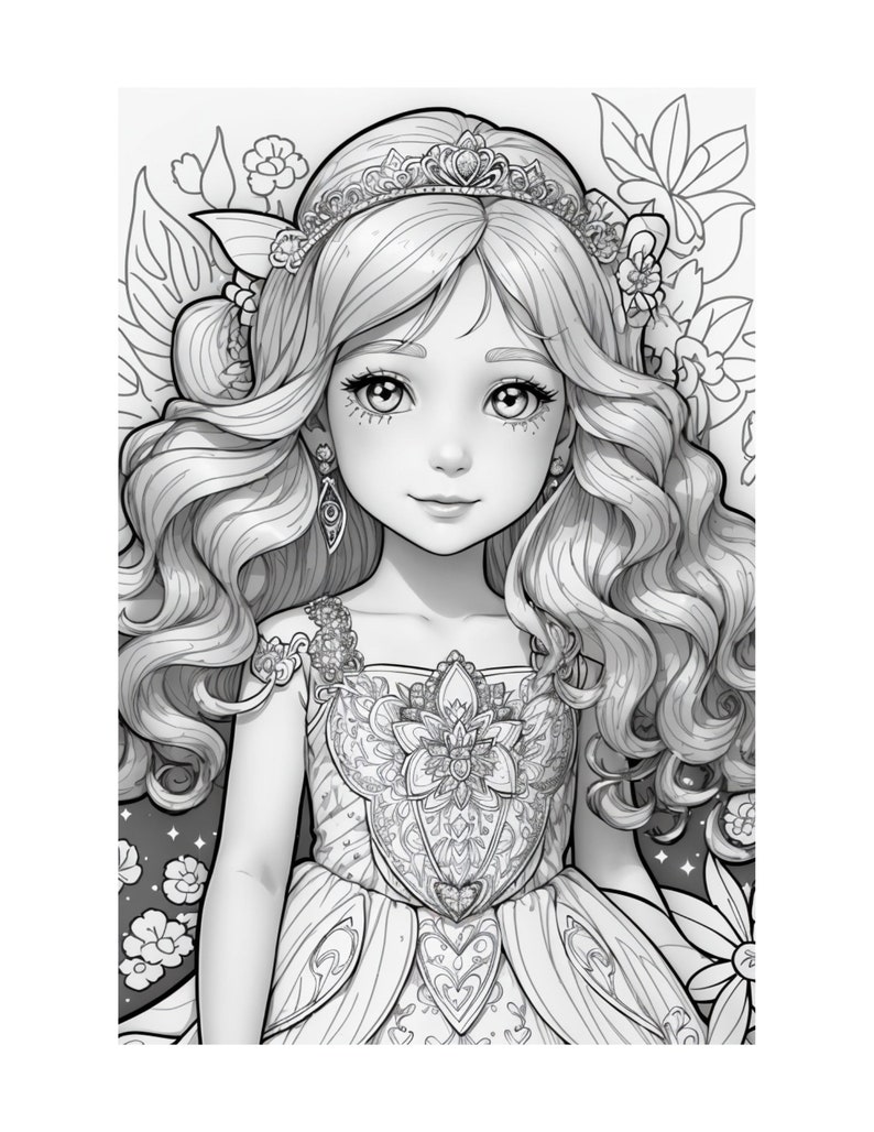 Fairy Dress and Jewels Coloring Page for Adults Cute Grayscale Cute ...
