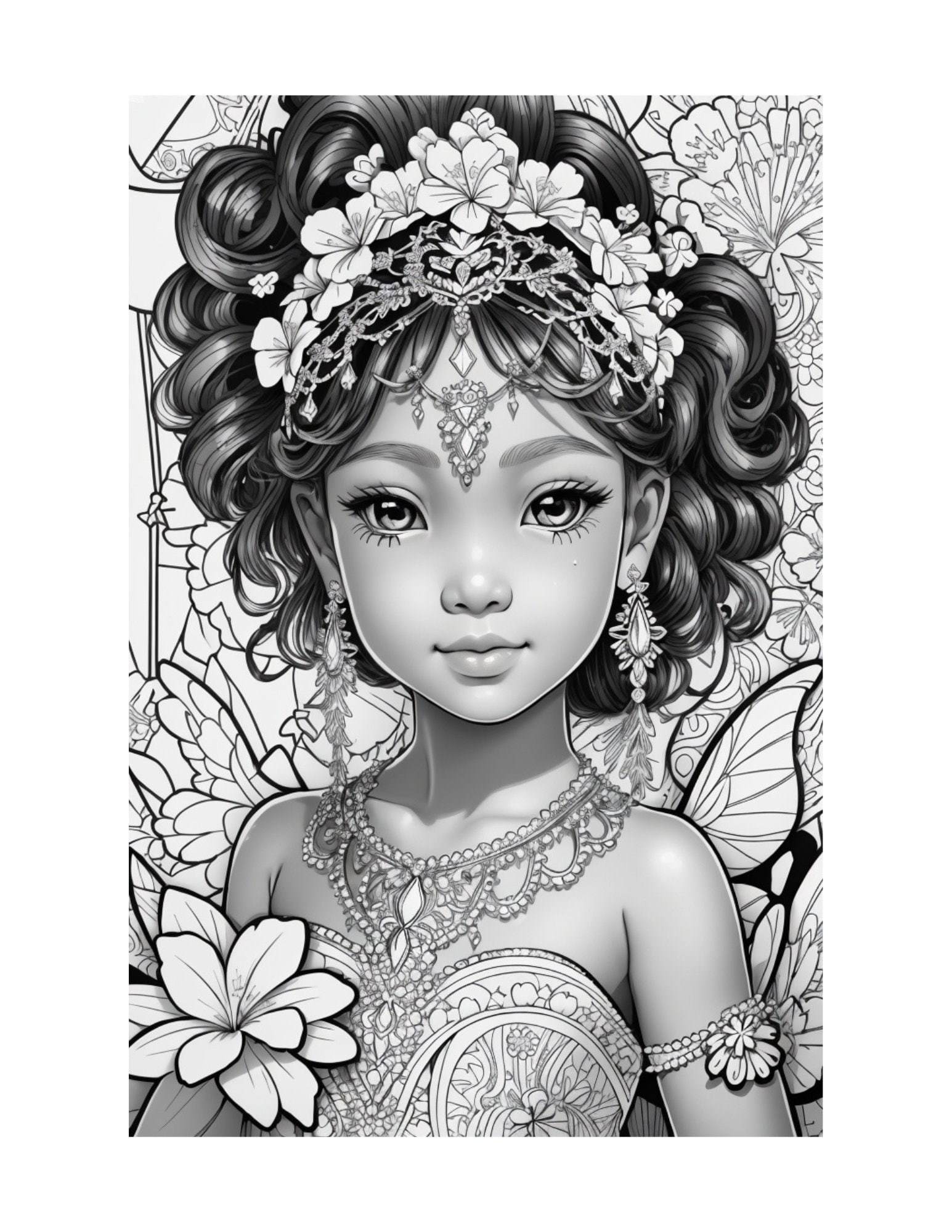 Fairy Dress and Jewels Coloring Page for Adults Cute Grayscale Cute ...