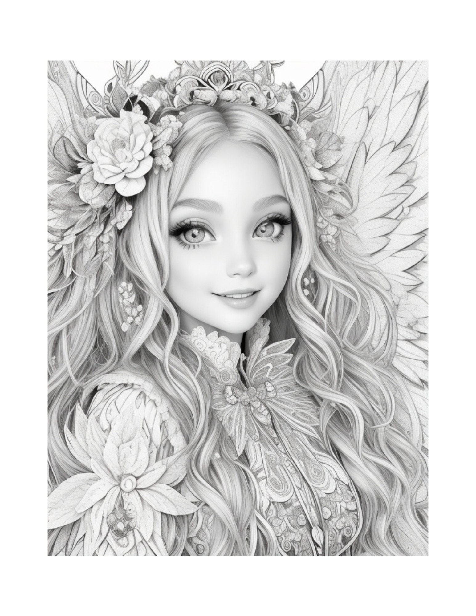 Garden Fairy & Fairy Princess Coloring Page for Adults Cute Grayscale ...