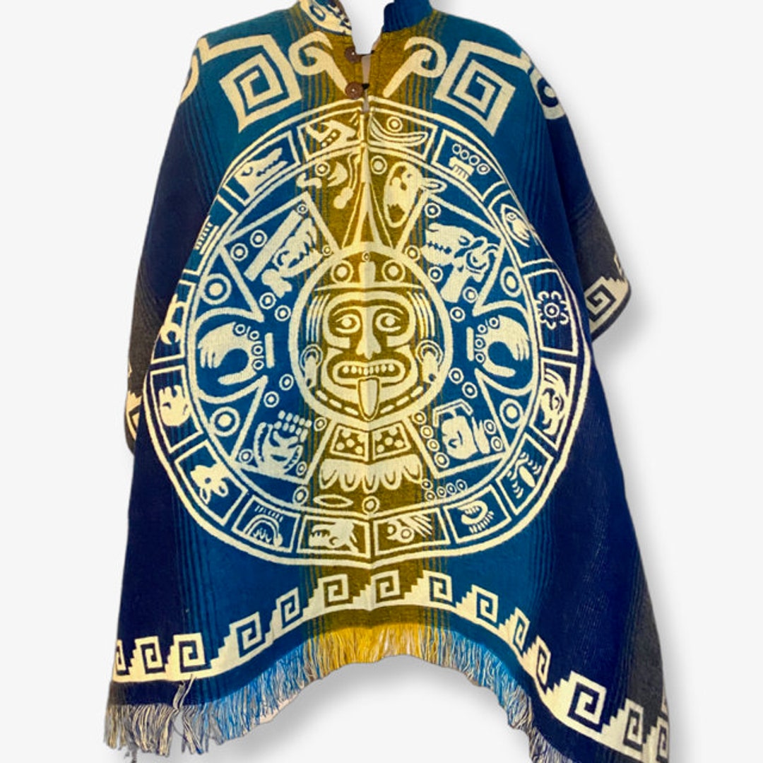 Mexican Aztec Calendar Alpaca Poncho, Unisex Sarape, Artisan Boho Wool ...