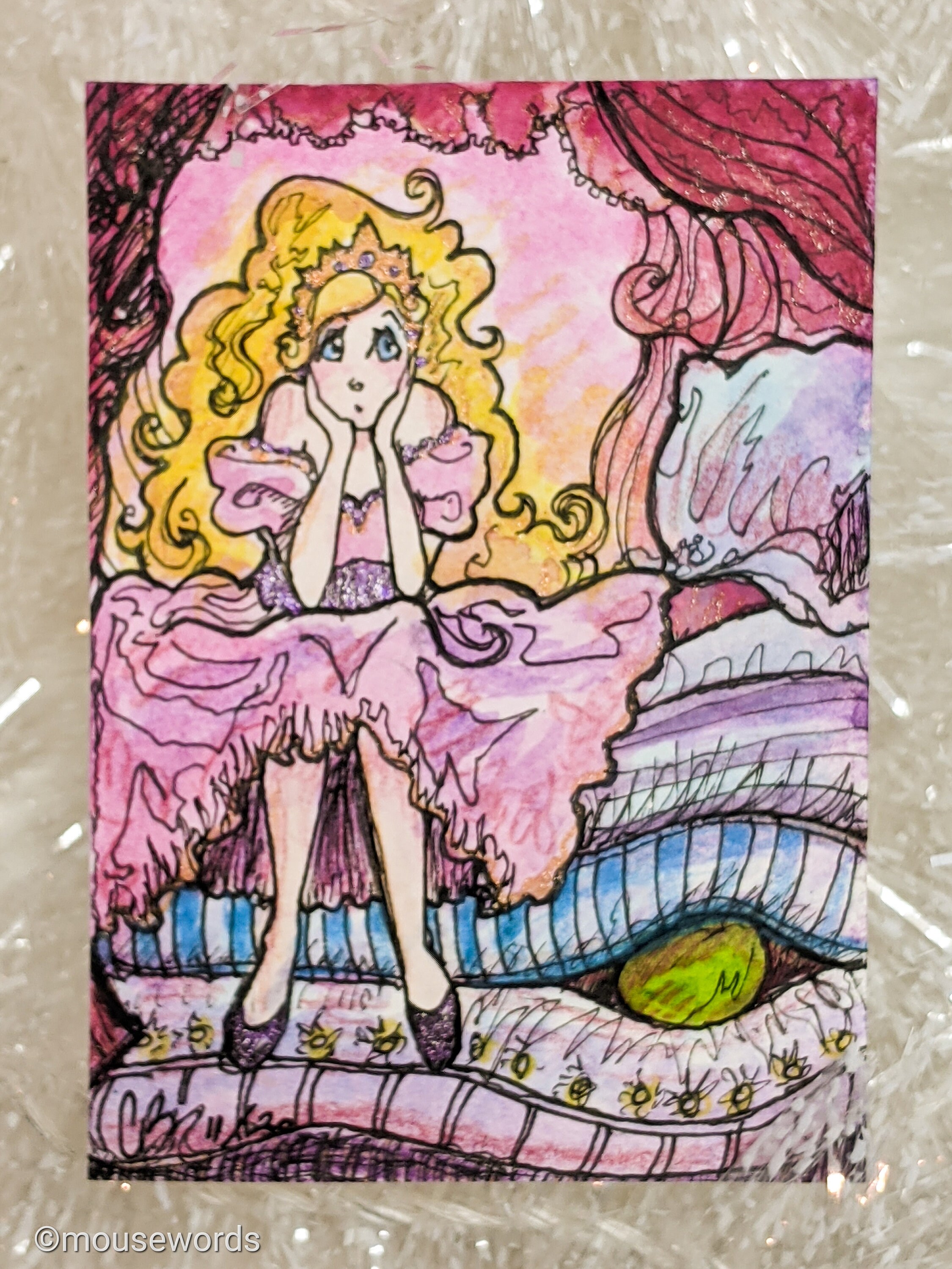 Pink Princess et le | ACEO Pea Original SMALL Aquarelle Encre Art ...