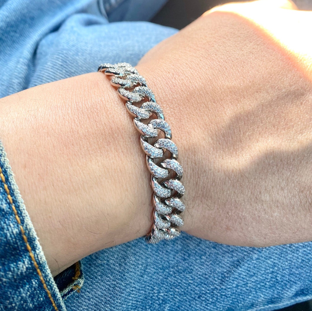 Silver 925 Baracelet for Men, Hip Hop Jewelry, Diamond CZ Curb Bracelet ...