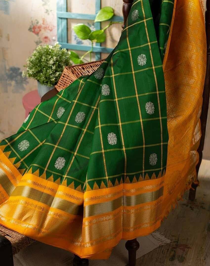Beautiful Design Green Soft Silk Checks Saree Beautiful Gold | Etsy
