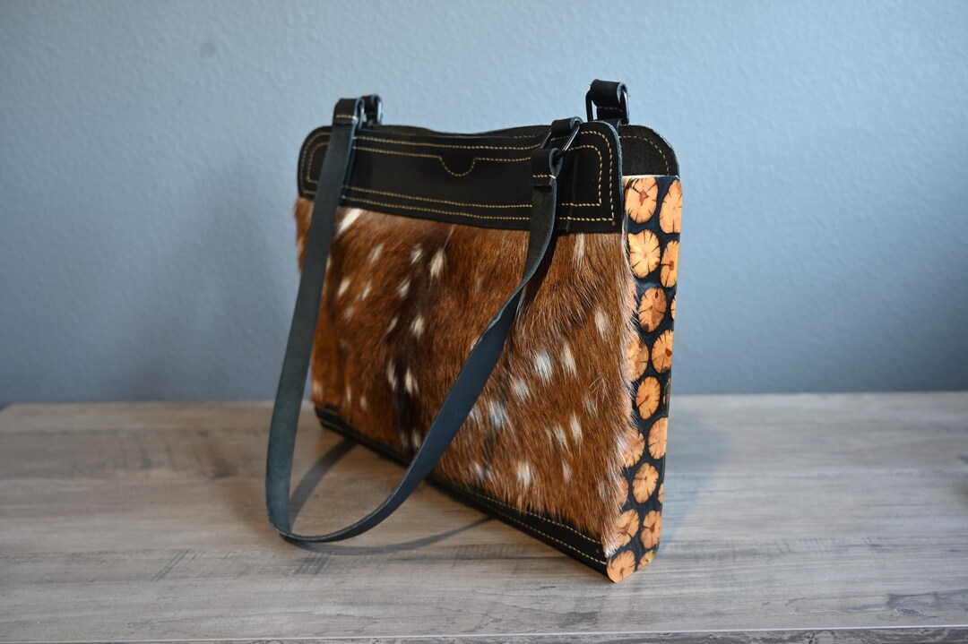 Handmade Axis Deer Hide Tote: Black Leather & Cedar Wood Purse - Etsy