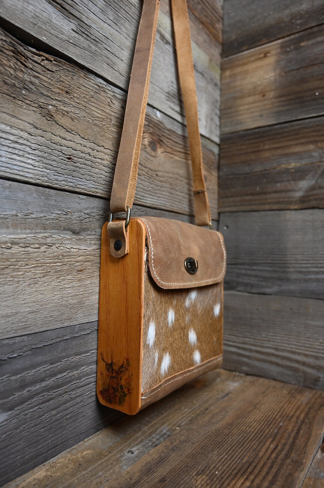 Axis Deer Hide Purse. Real Brown Leather. Wood and Leather Purse ...