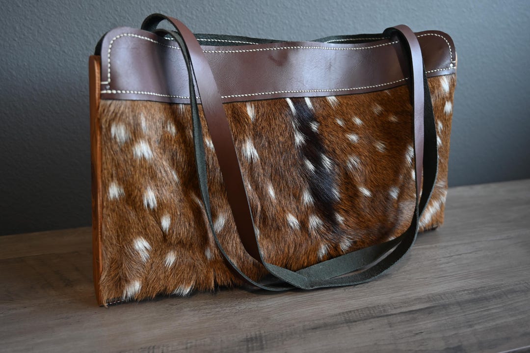 Axis Deer Hide Tote Bag: Handmade Leather & Cedar Wood Purse - Etsy