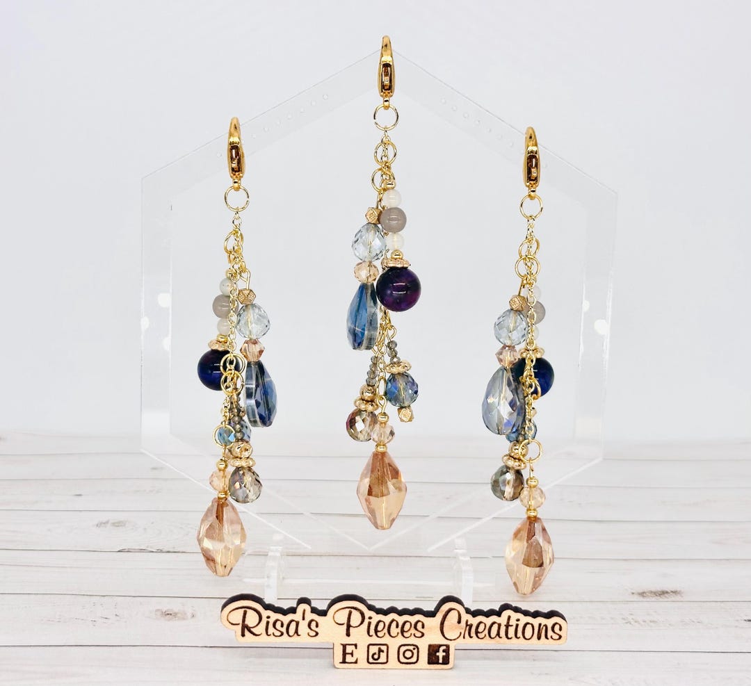 Blue Beaded Bag Charm, Handmade Agate Tigers Eye Keychain, Gold Plated ...