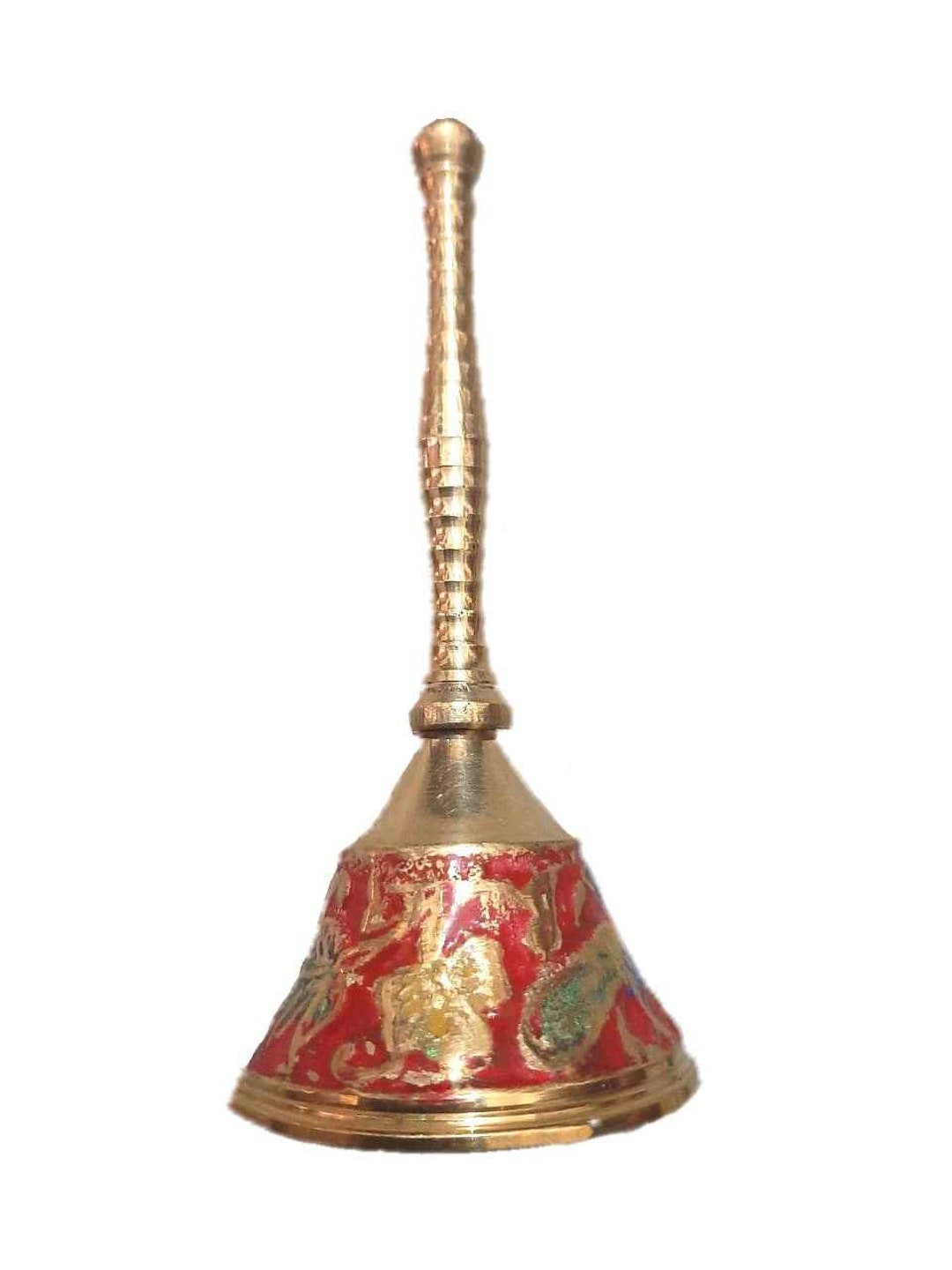 Brass Pooja Ghanti/religious Hand Bell 11 CM High With Colored Engraved ...