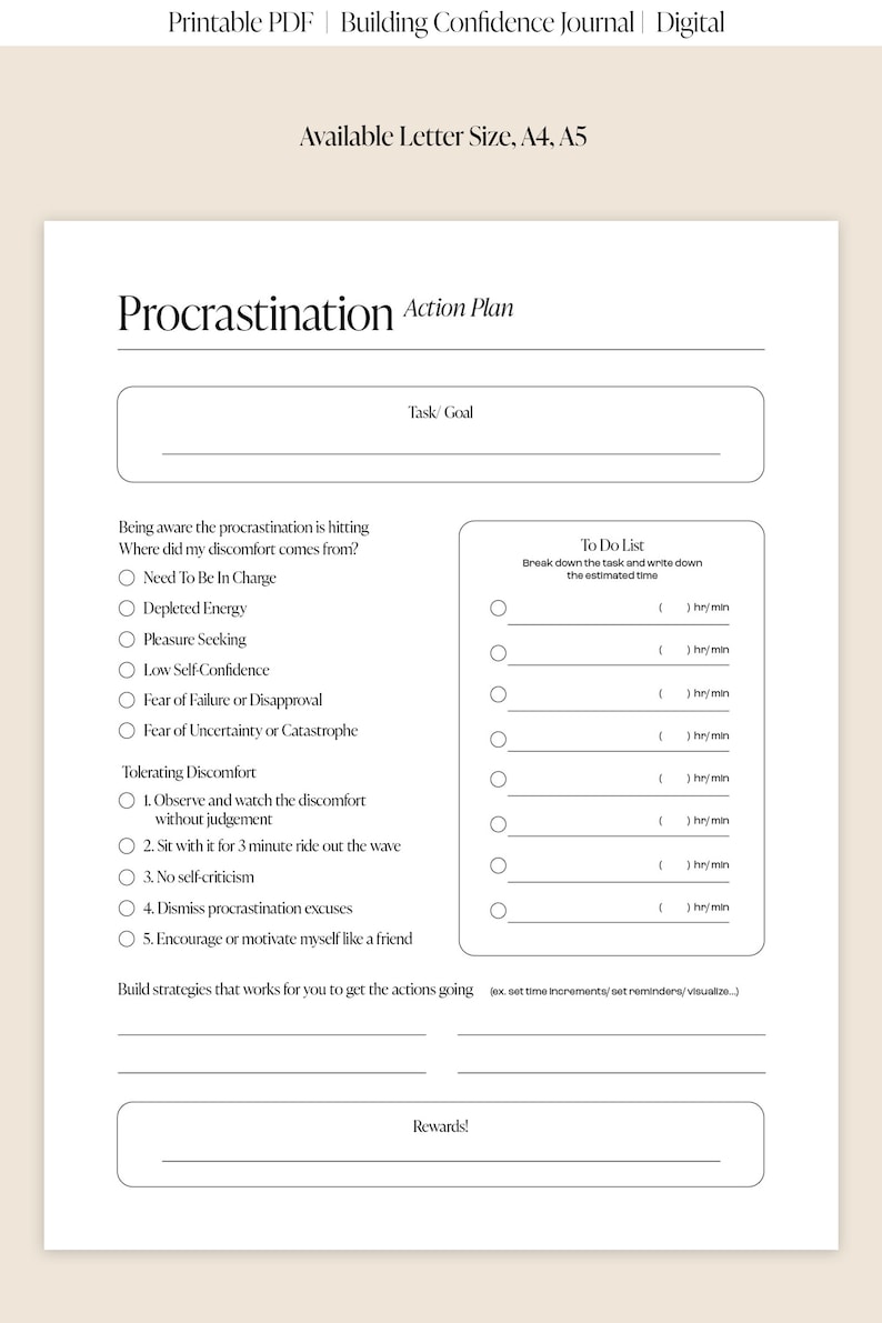 Printable Procrastination Worksheet, Digital Therapy Journal, Action ...