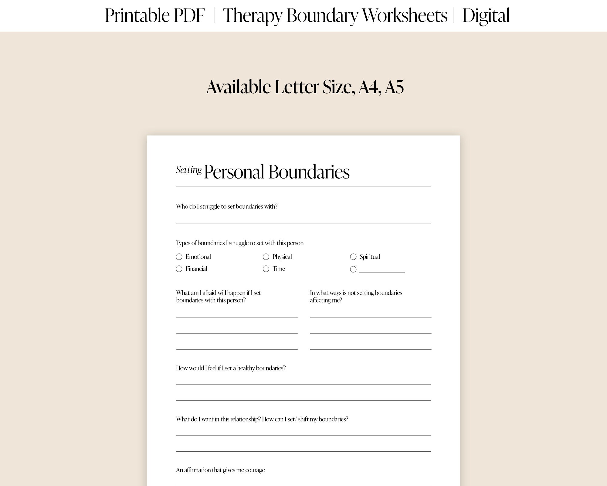 Digital Boundary Worksheet for Therapy, Printable Personal Boundary Journal, Therapy Journal ...