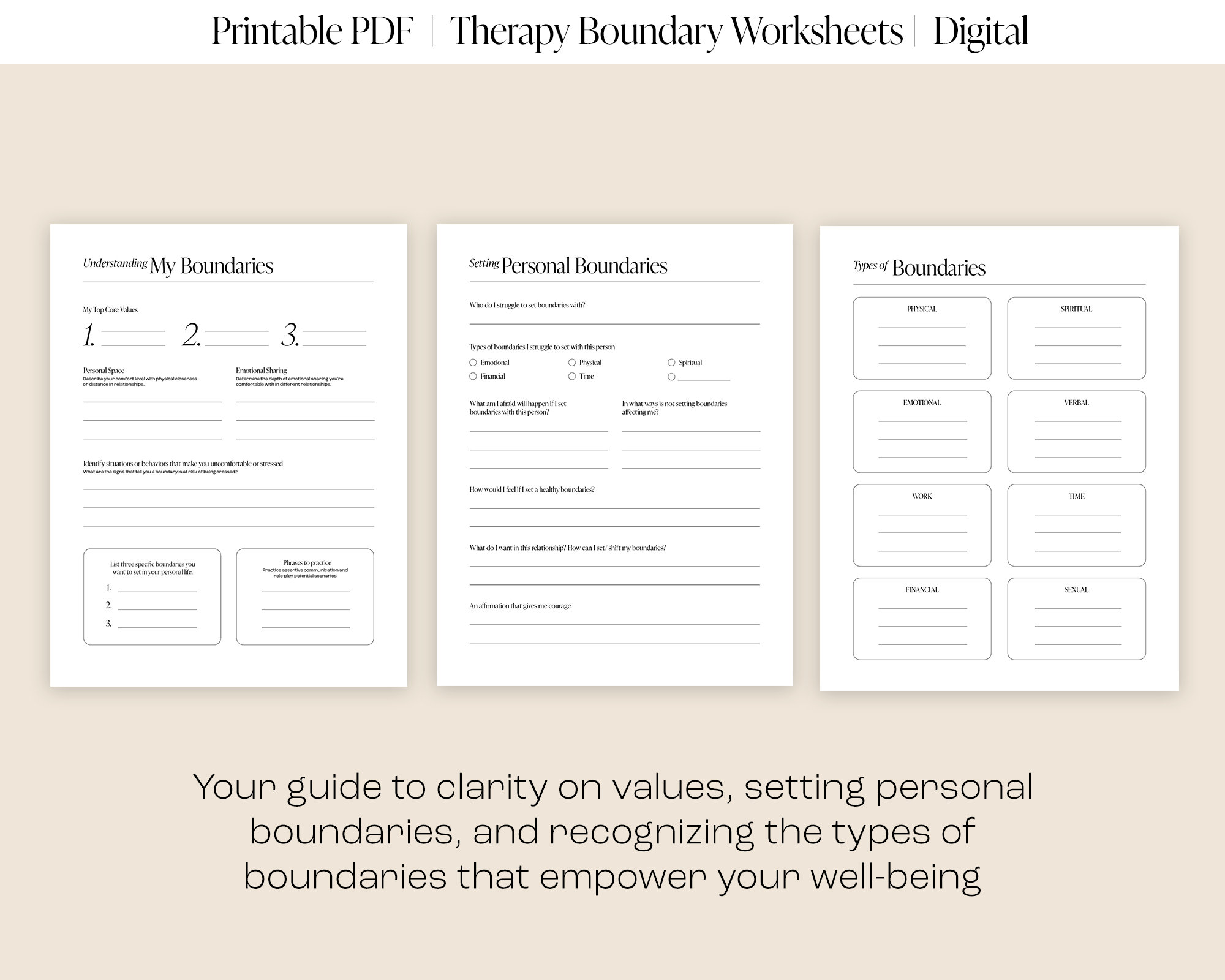 Digital Boundary Worksheet for Therapy, Printable Personal Boundary ...