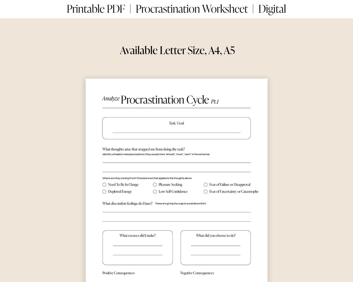 Printable Procrastination Worksheet, Digital Therapy Journal, Action ...