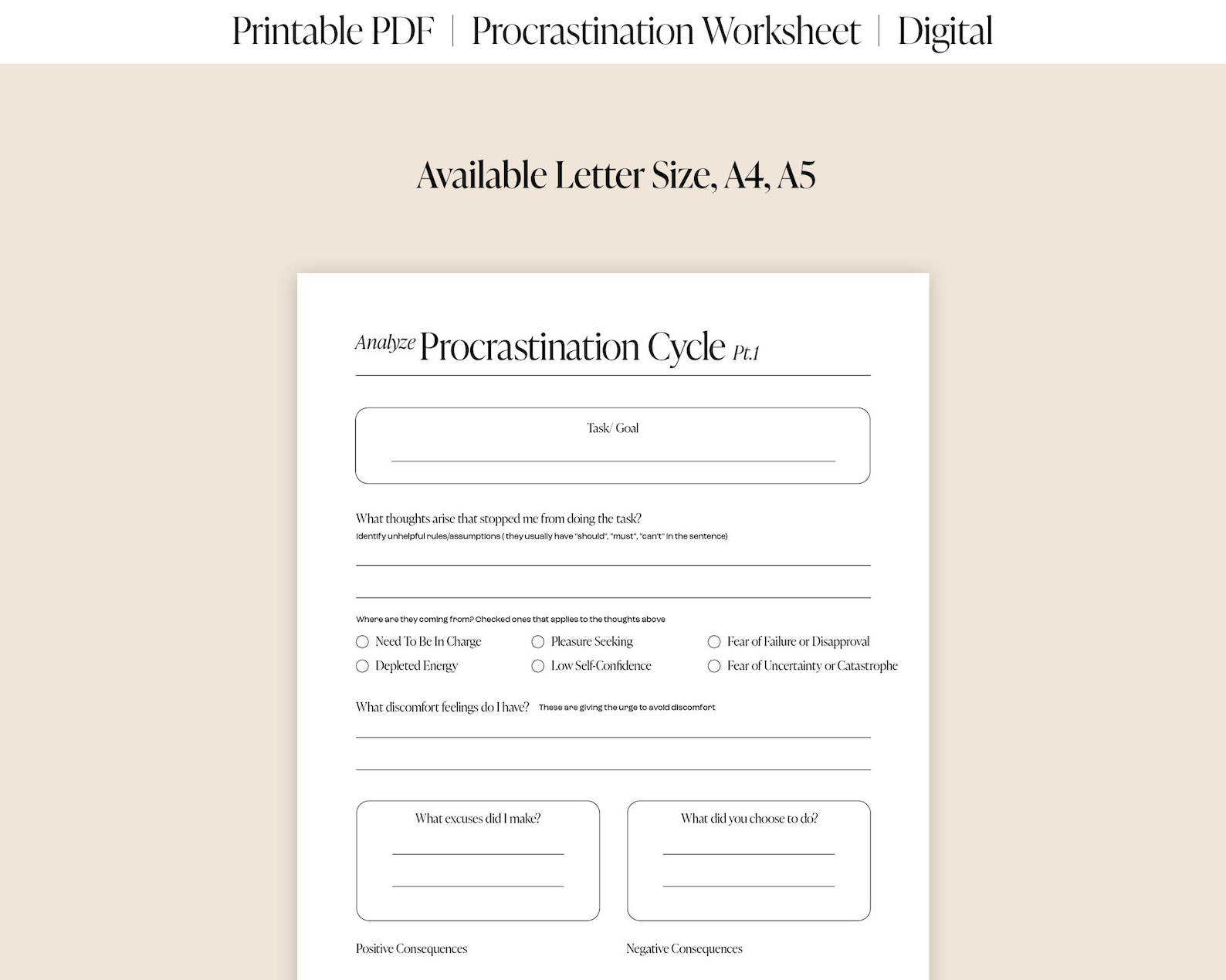Printable Procrastination Worksheet, Digital Therapy Journal, Action ...