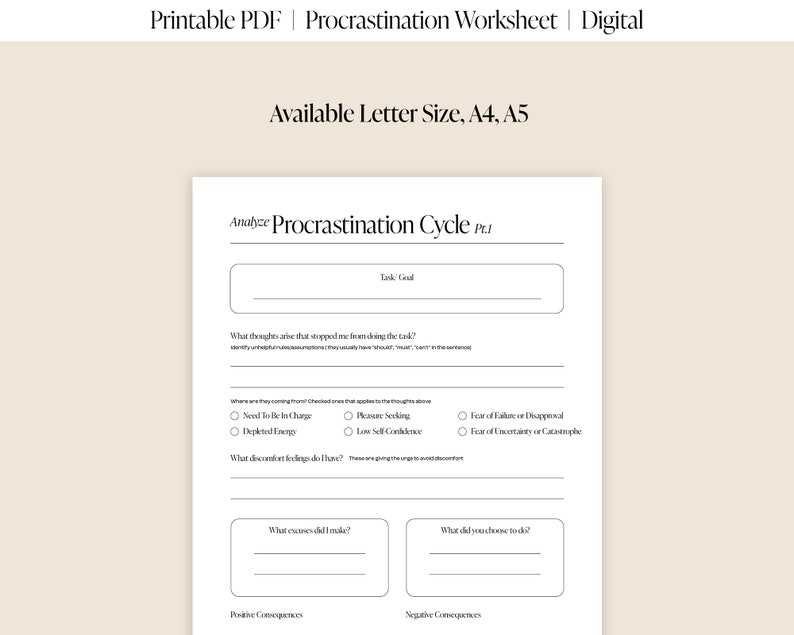 Printable Procrastination Worksheet, Digital Therapy Journal, Action ...