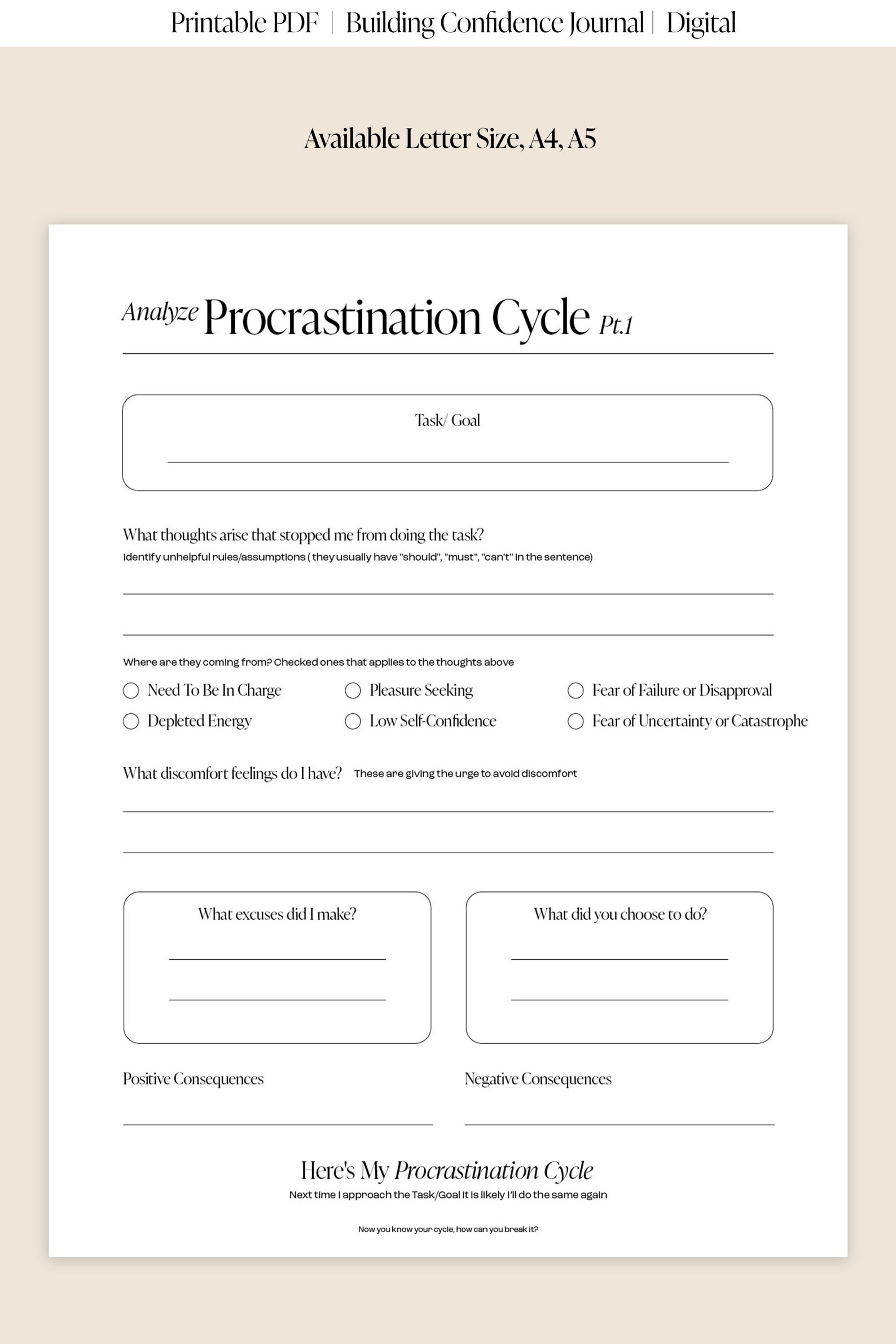 Printable Procrastination Worksheet, Digital Therapy Journal, Action ...