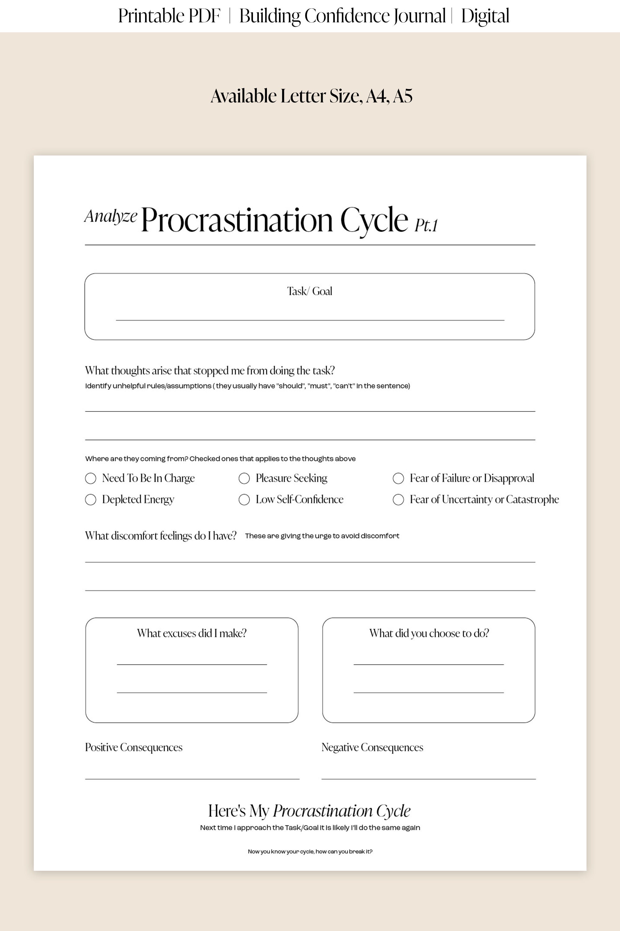 Printable Procrastination Worksheet, Digital Therapy Journal, Action ...