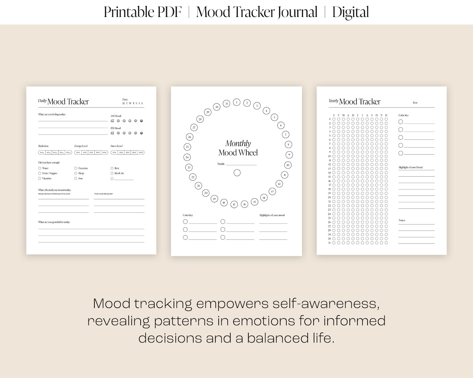 Digital Mood Tracker Journal, Printable Mood Journal, Mood Log, Self ...