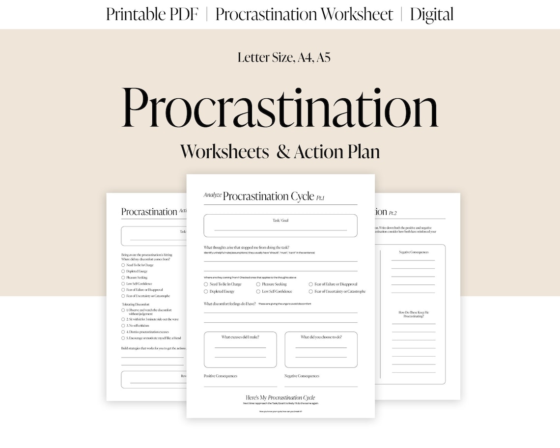 Printable Procrastination Worksheet, Digital Therapy Journal, Action ...