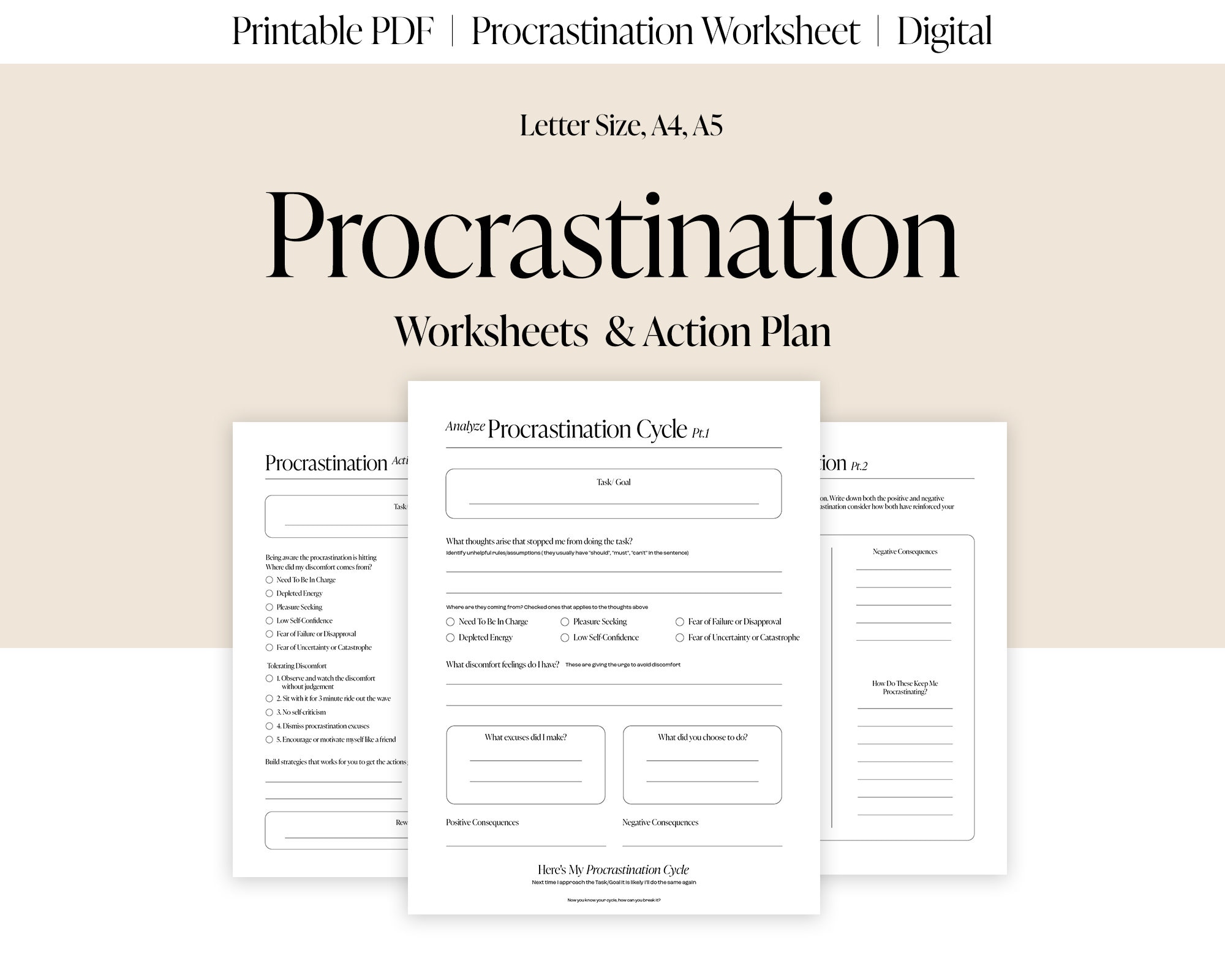 Printable Procrastination Worksheet, Digital Therapy Journal, Action ...