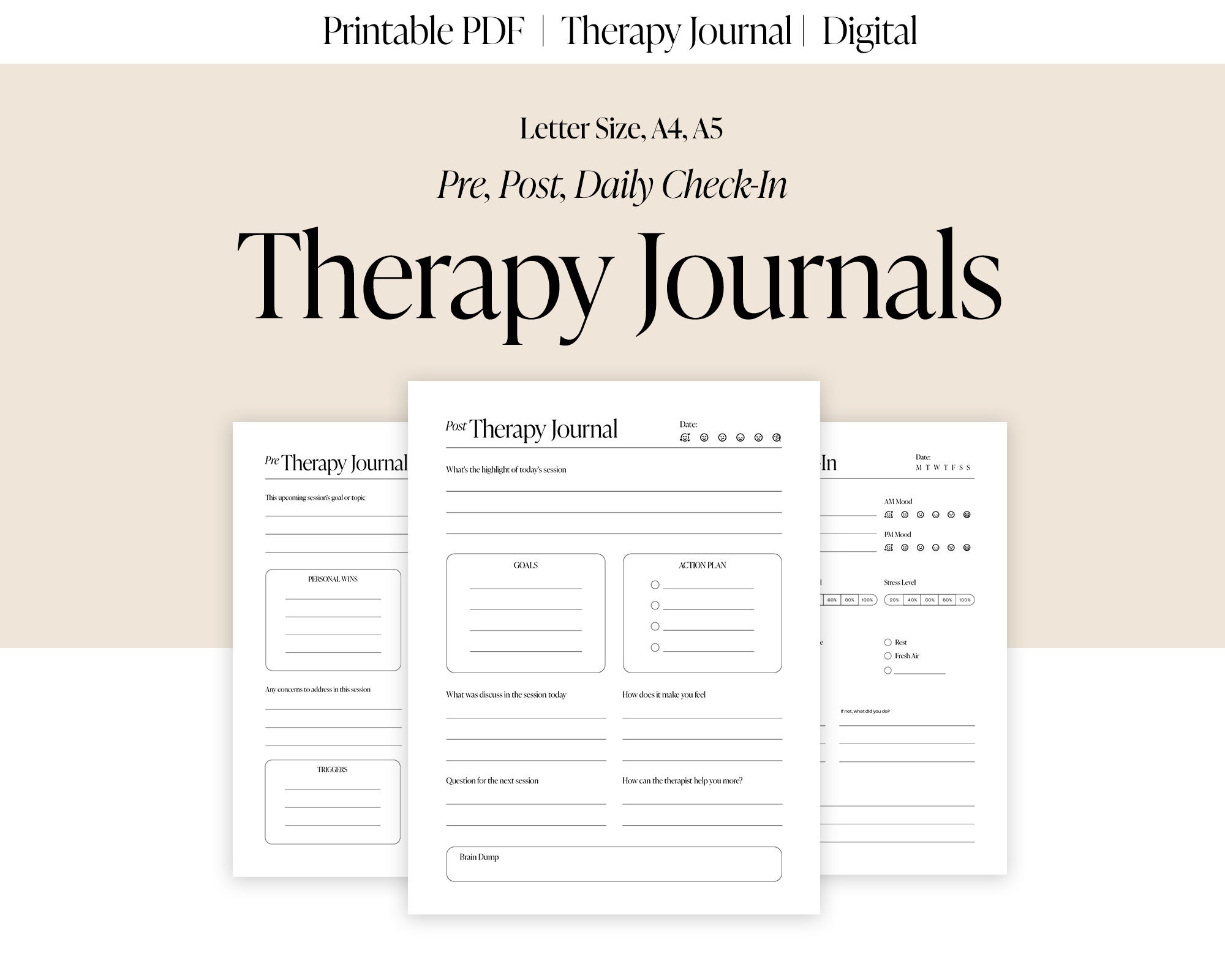 Digital Therapy Journal Pack, Printable Therapy Notes, Pre & Post ...