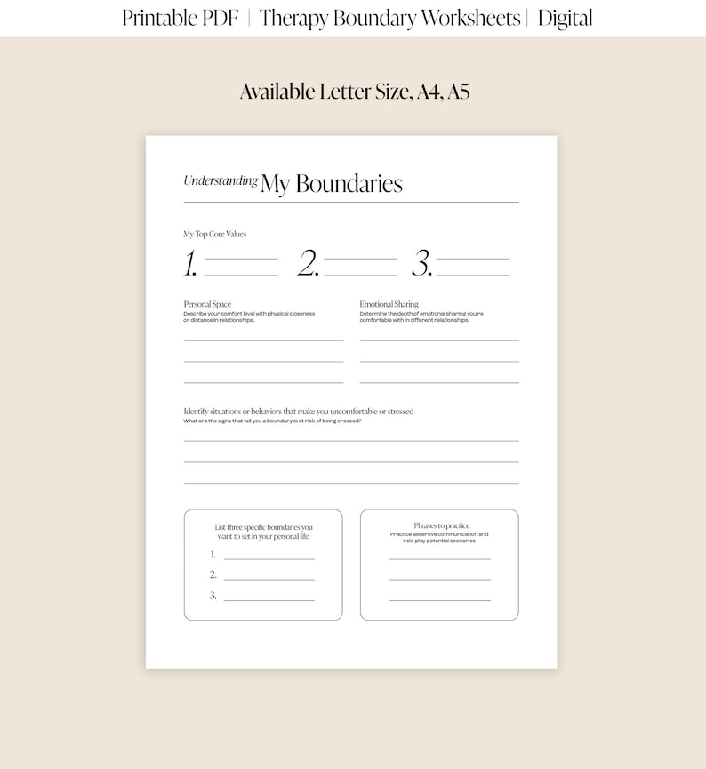 Digital Boundary Worksheet for Therapy, Printable Personal Boundary ...