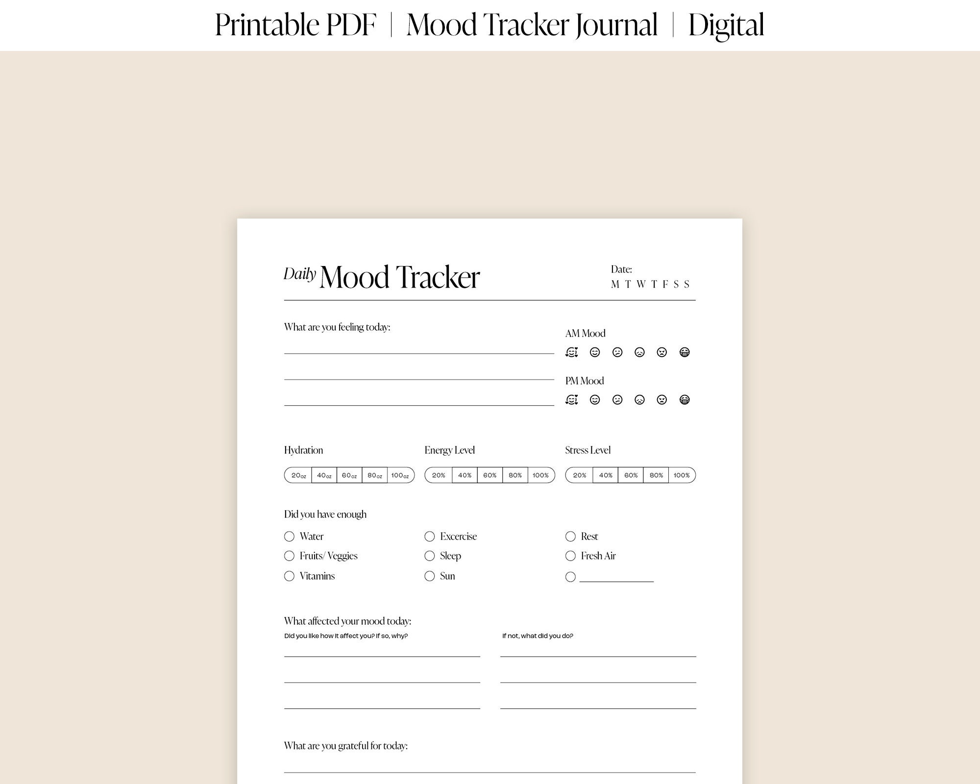 Digital Mood Tracker Journal, Printable Mood Journal, Mood Log, Self ...