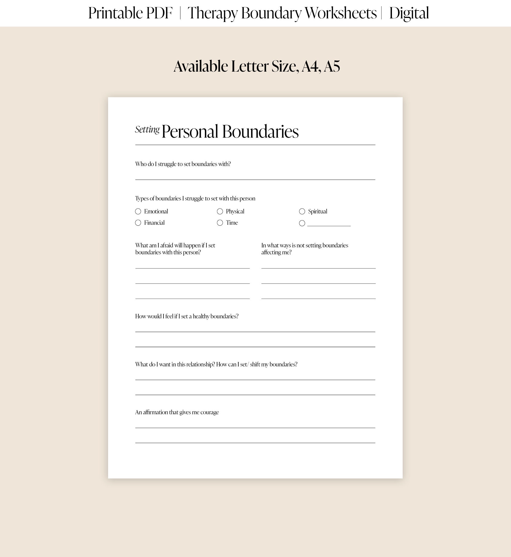 Digital Boundary Worksheet for Therapy, Printable Personal Boundary ...