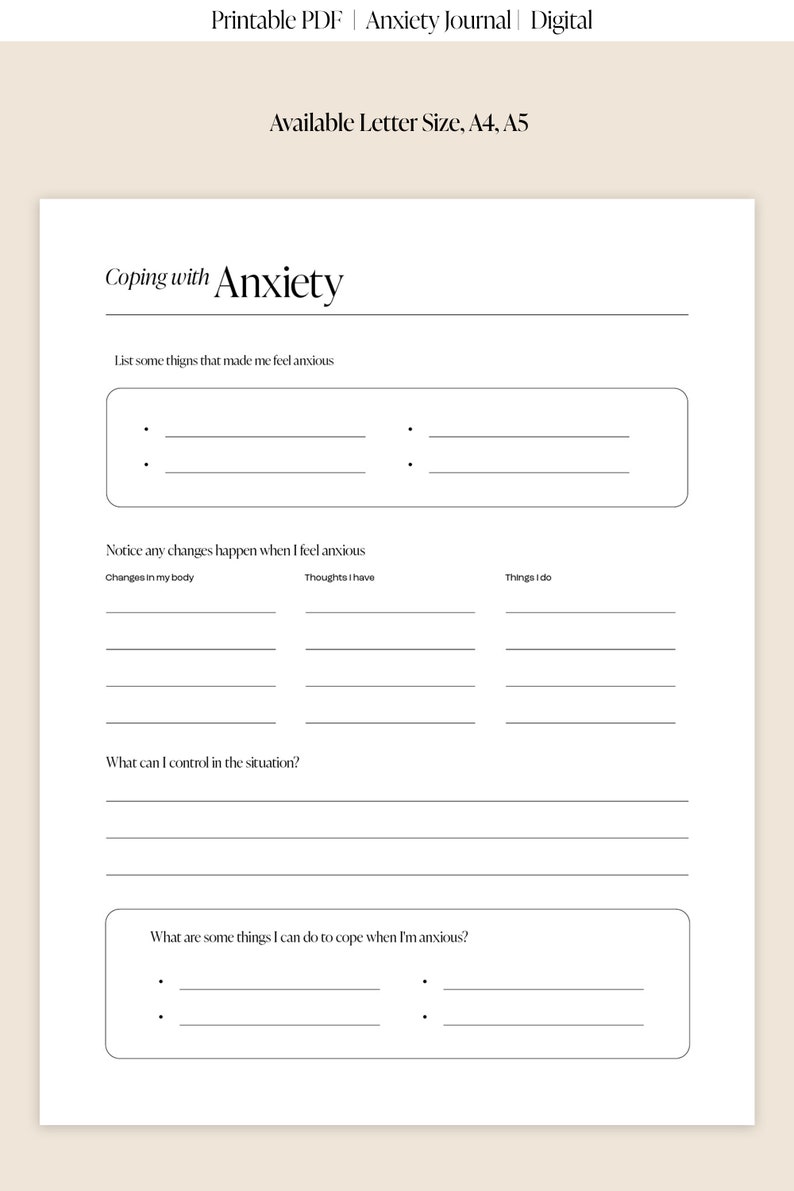 Anxiety Journal Printable, Digital Therapy Journal, Reflection Journal ...
