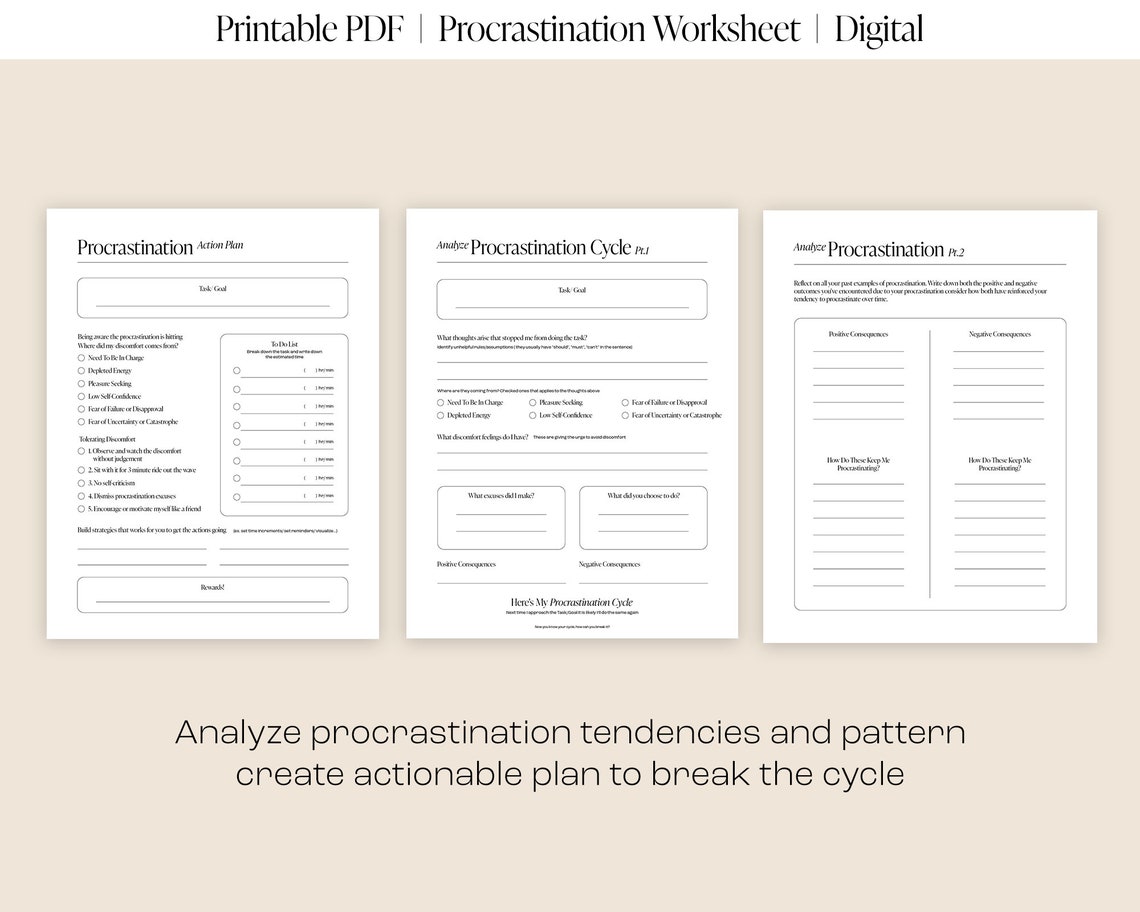 Printable Procrastination Worksheet, Digital Therapy Journal, Action ...