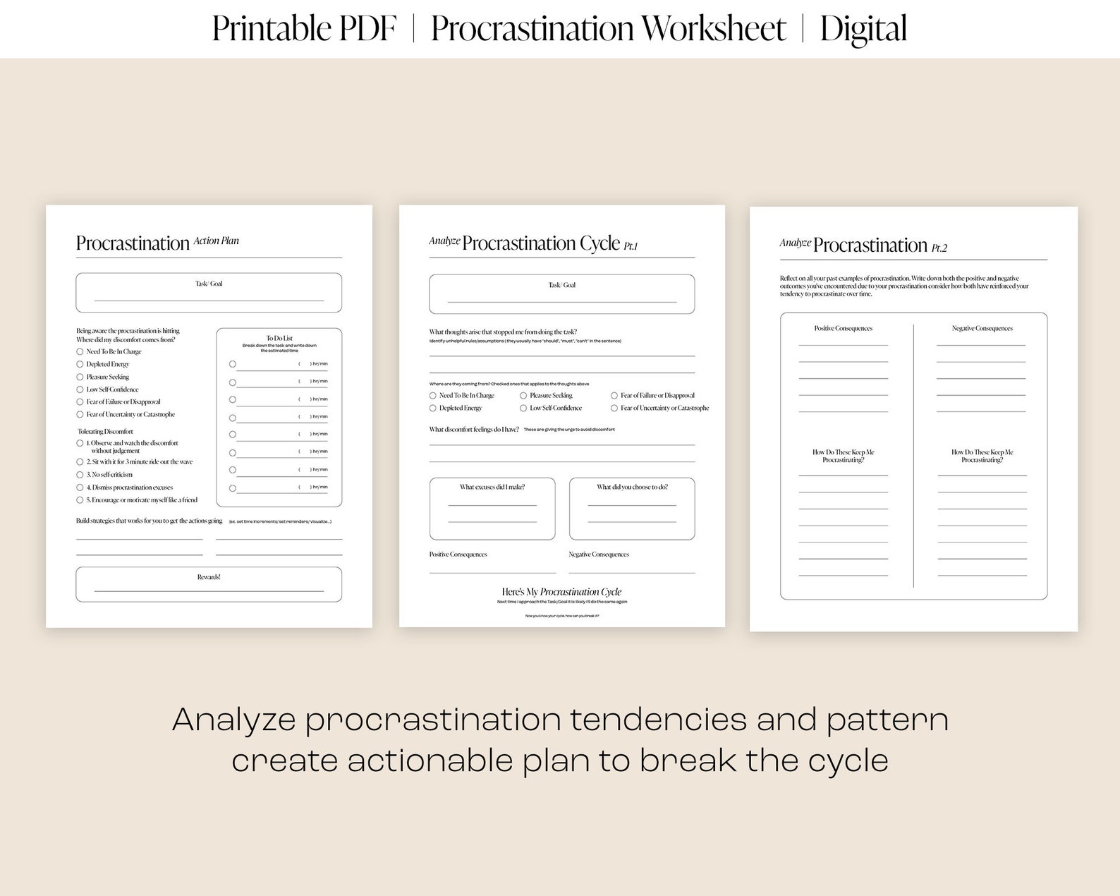 Printable Procrastination Worksheet, Digital Therapy Journal, Action ...