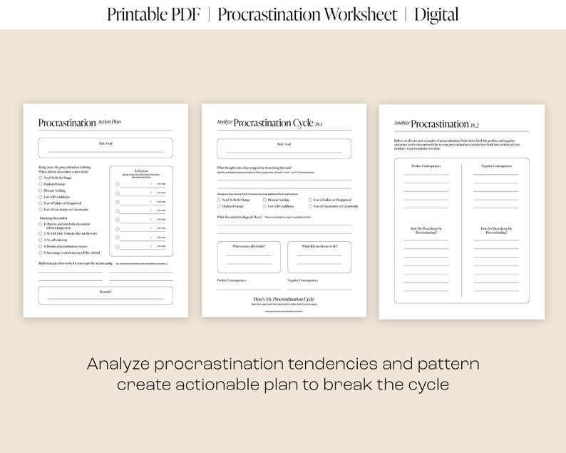 Printable Procrastination Worksheet, Digital Therapy Journal, Action ...