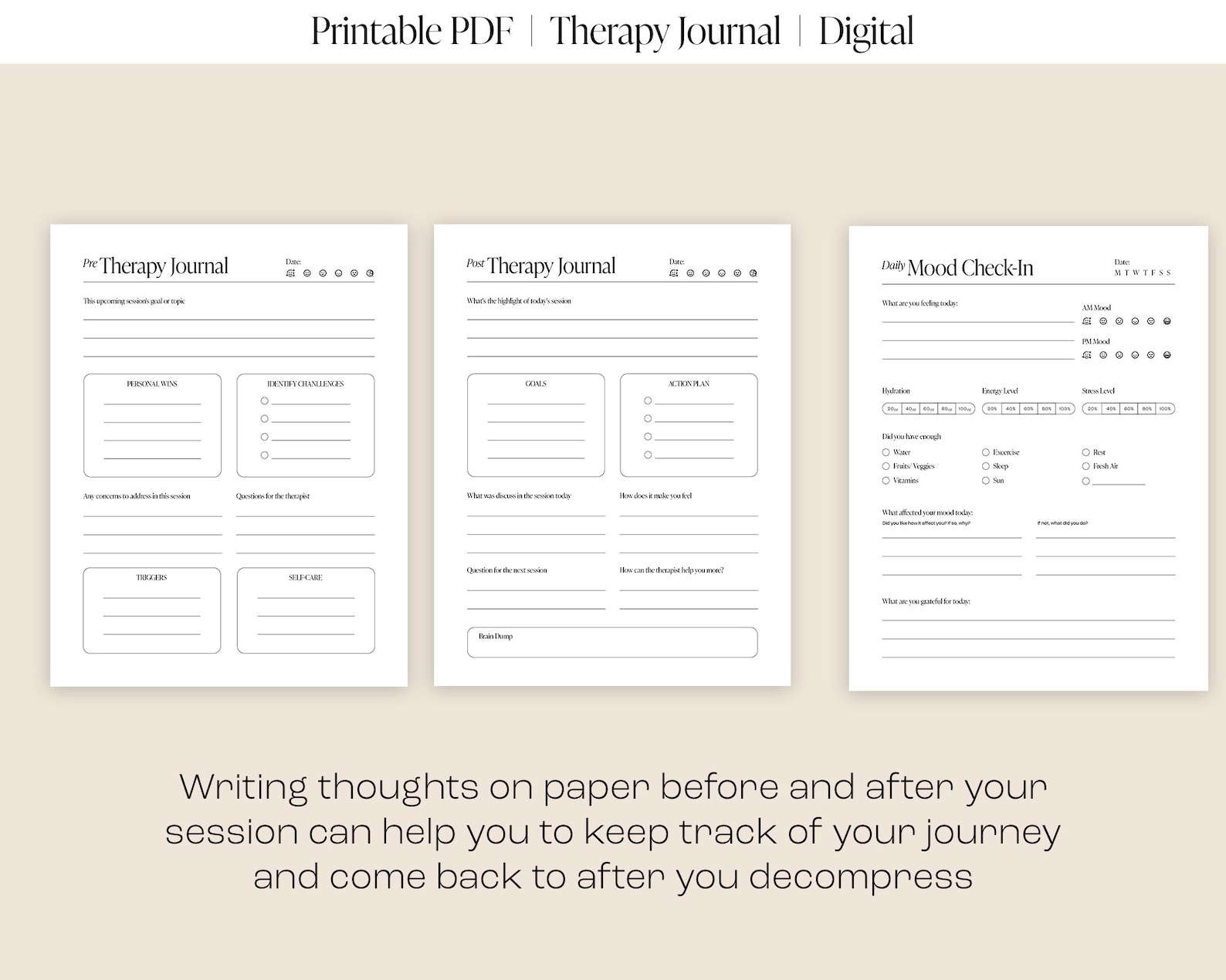 Digital Therapy Journal Pack, Printable Therapy Notes, Pre & Post ...