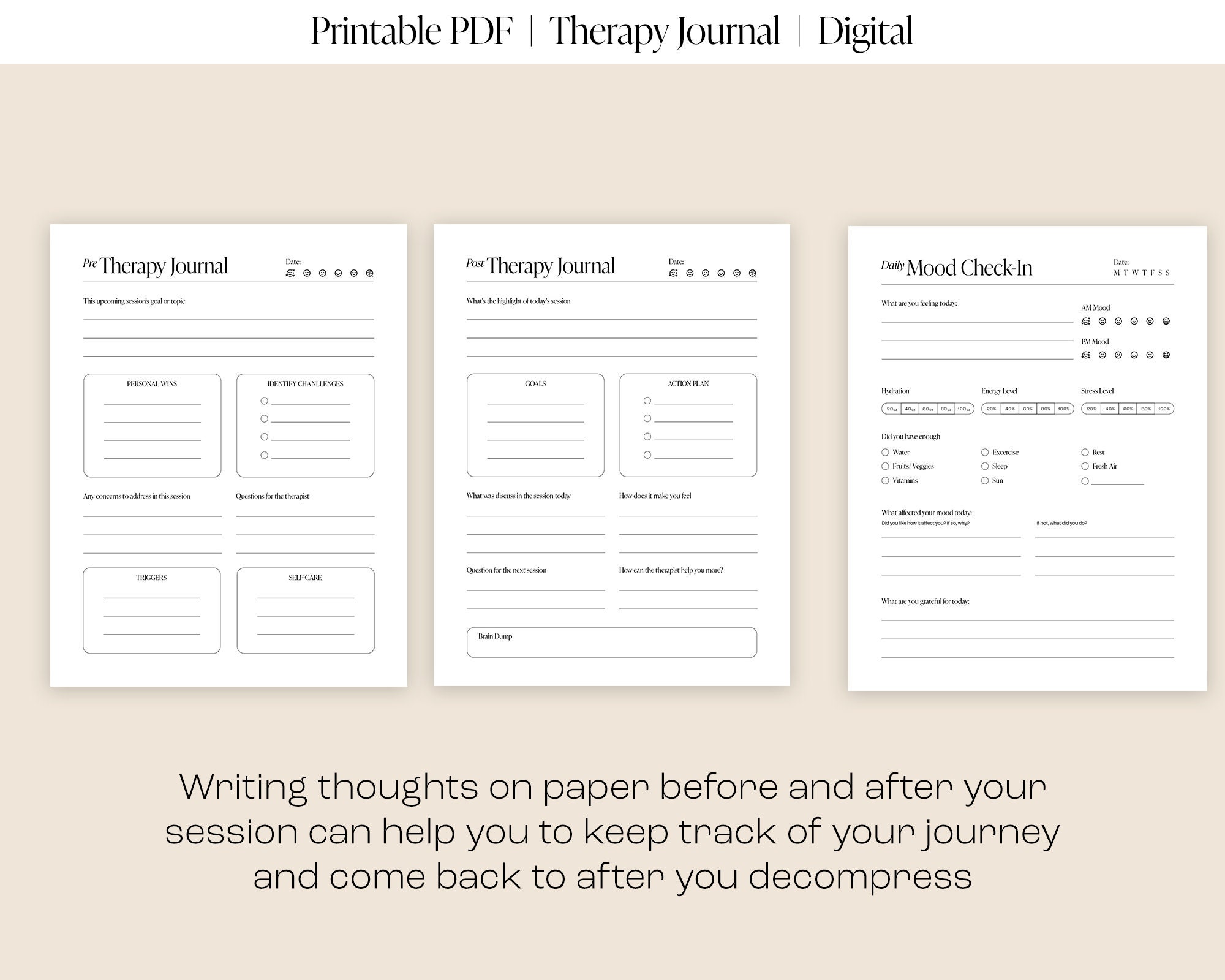 Digital Therapy Journal Pack, Printable Therapy Notes, Pre & Post ...