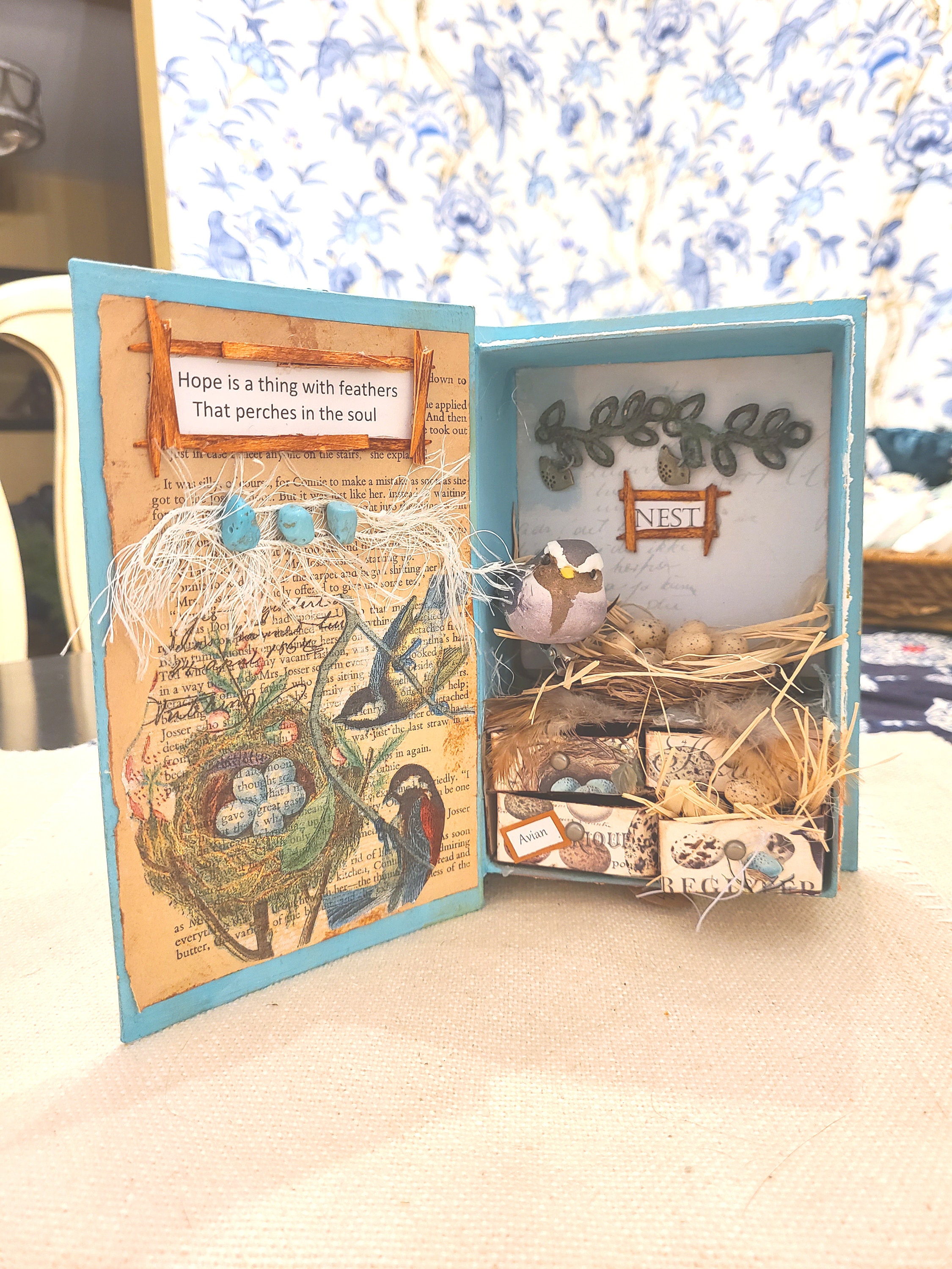 Blue Bird Shadow Box Book | Blue Bird Artwork, Antique Chic Home Decor ...