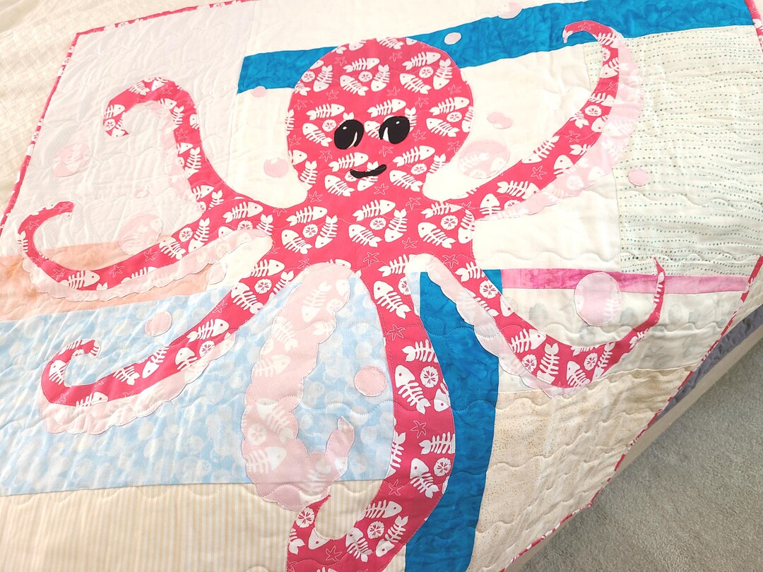 Pinky the Octopus Patchwork Quilt | Handmade Quilt, High Quality Cotton Quilt, Bright Pink ...