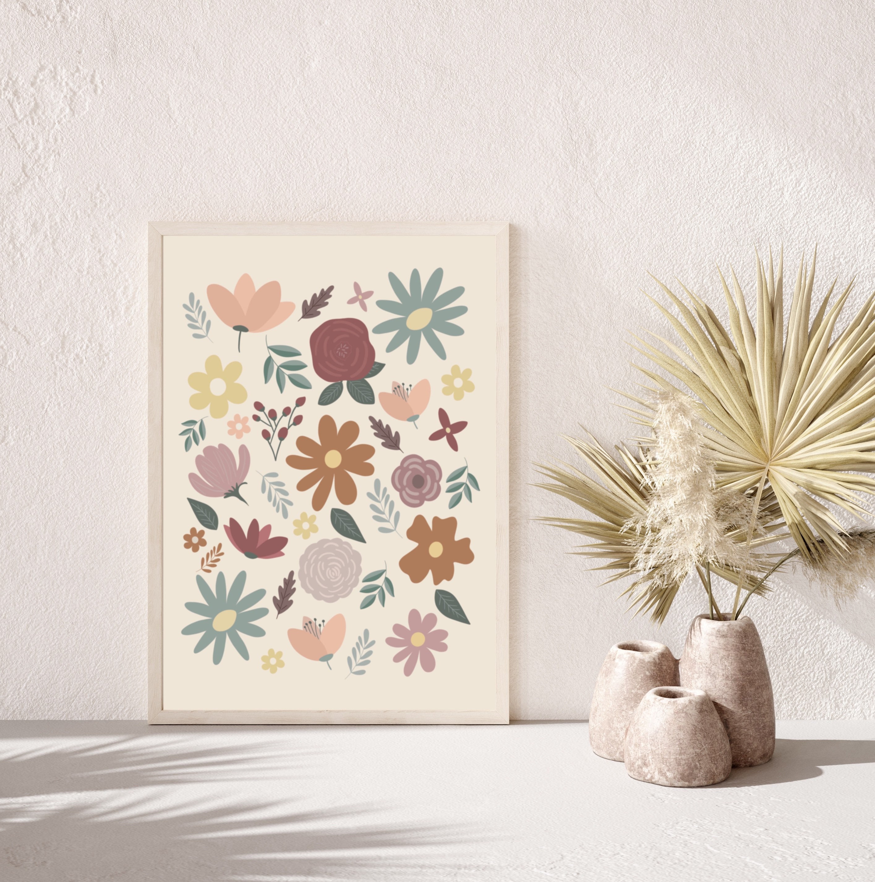 Boho Flower Printable Wall Art, Earth Tones Print, Floral Illustration ...