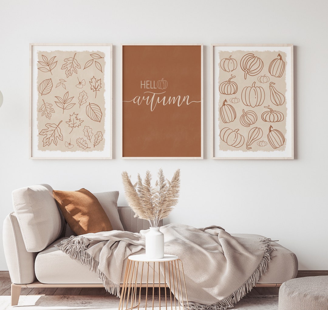 Minimalist Fall Set of 3 Prints. Autumn Wall Art Set. Pumpkins Line Art ...