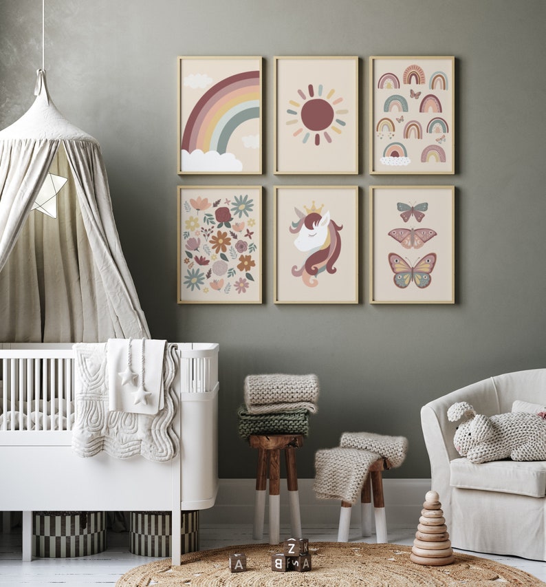 Boho Nursery Set of 6 Prints. Boho Rainbows, Butterflies Printable Art ...
