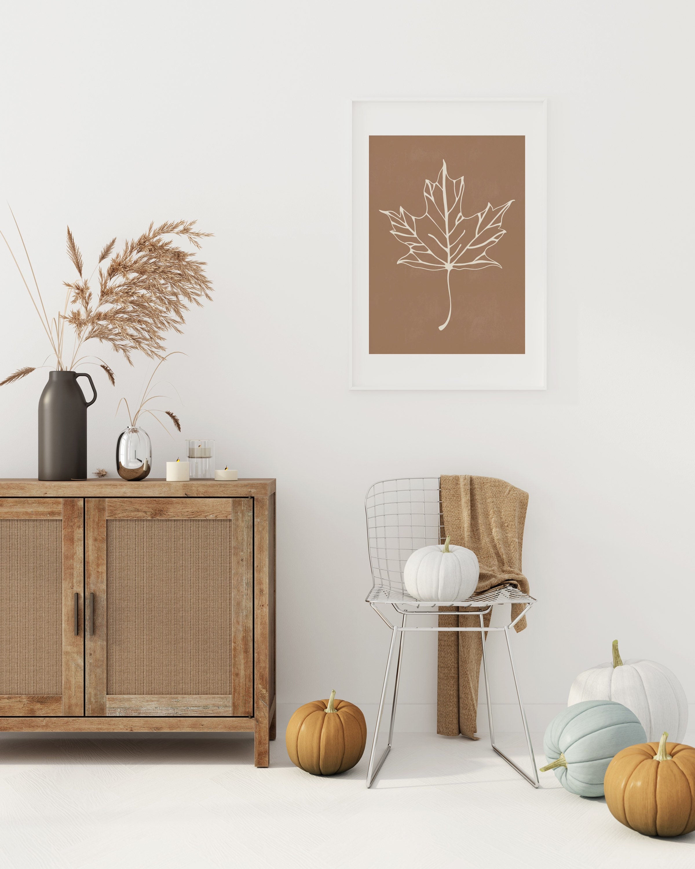 Fall Leaf Print, Fall Printable Wall Art, Terra Fall Line Art, Earthy ...