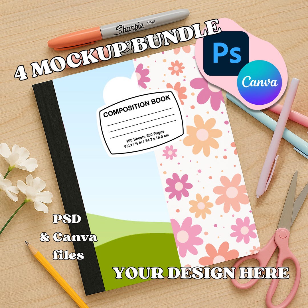 Composition Notebook Cover Mock up Photoshop Canva Mockup Bundle Custom ...