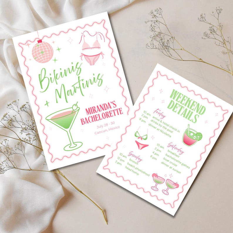 Bachelorette Itinerary Bikinis and Martinis, Party Invitation, Beach ...