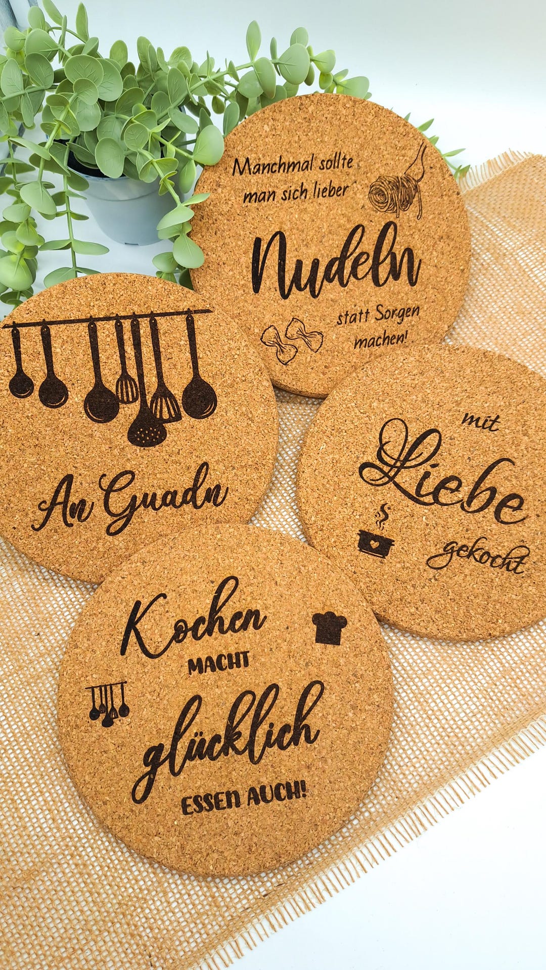 Gravierte Topfuntersetzer aus Kork | Sprüche über Kochen | Geschenkidee ...
