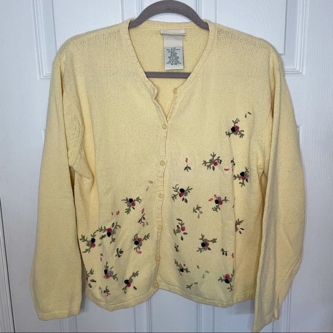 Vintage Northern Reflections Yellow Floral Embroidered Cardigan Grandma ...