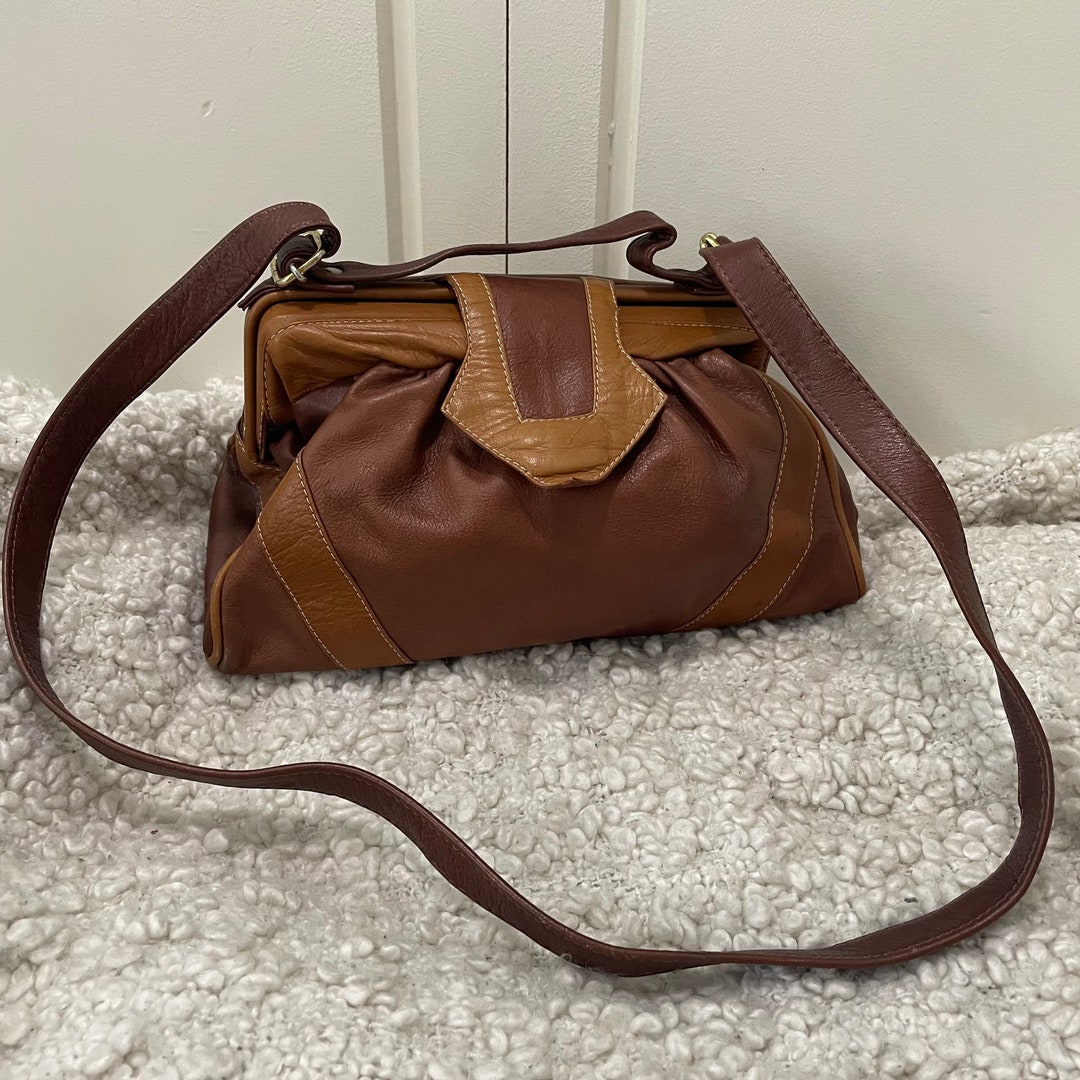 Vintage Handmade Leather Convertible Purse Handbag Brown & Tan Made in ...