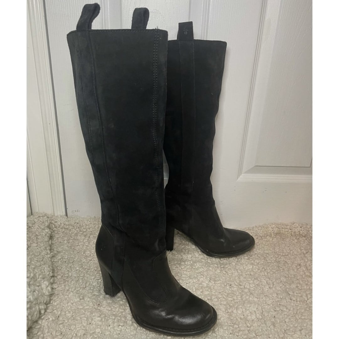 Frye Villager Pull on Tall Heeled Leder & Wildleder Schwarze Stiefel 7 ...