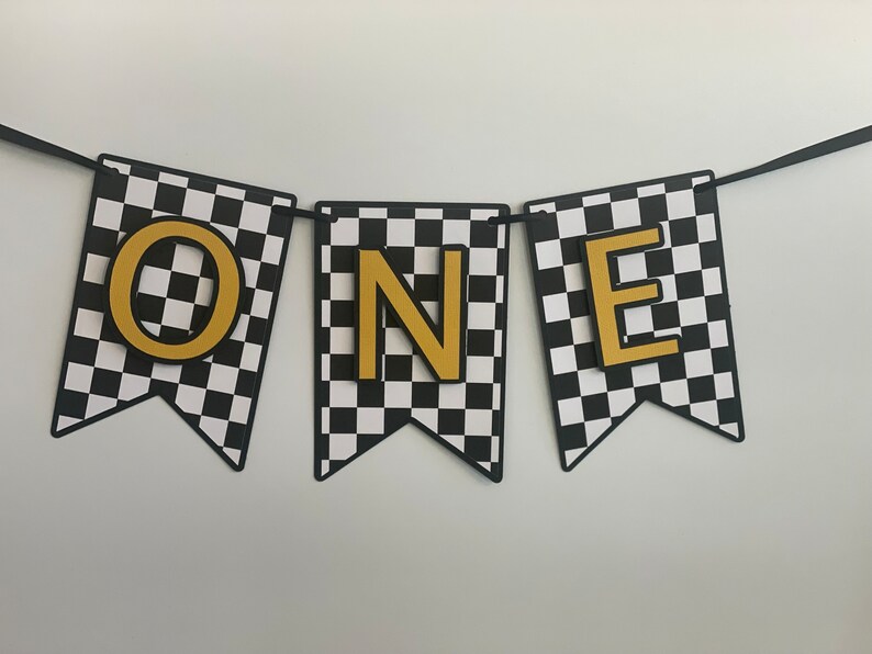 Black and White Checkered ONE First Birthday Banner, Yellow Checkered ...