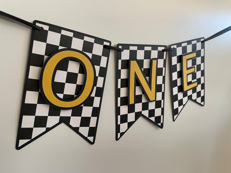 Black and White Checkered ONE First Birthday Banner, Yellow Checkered ...
