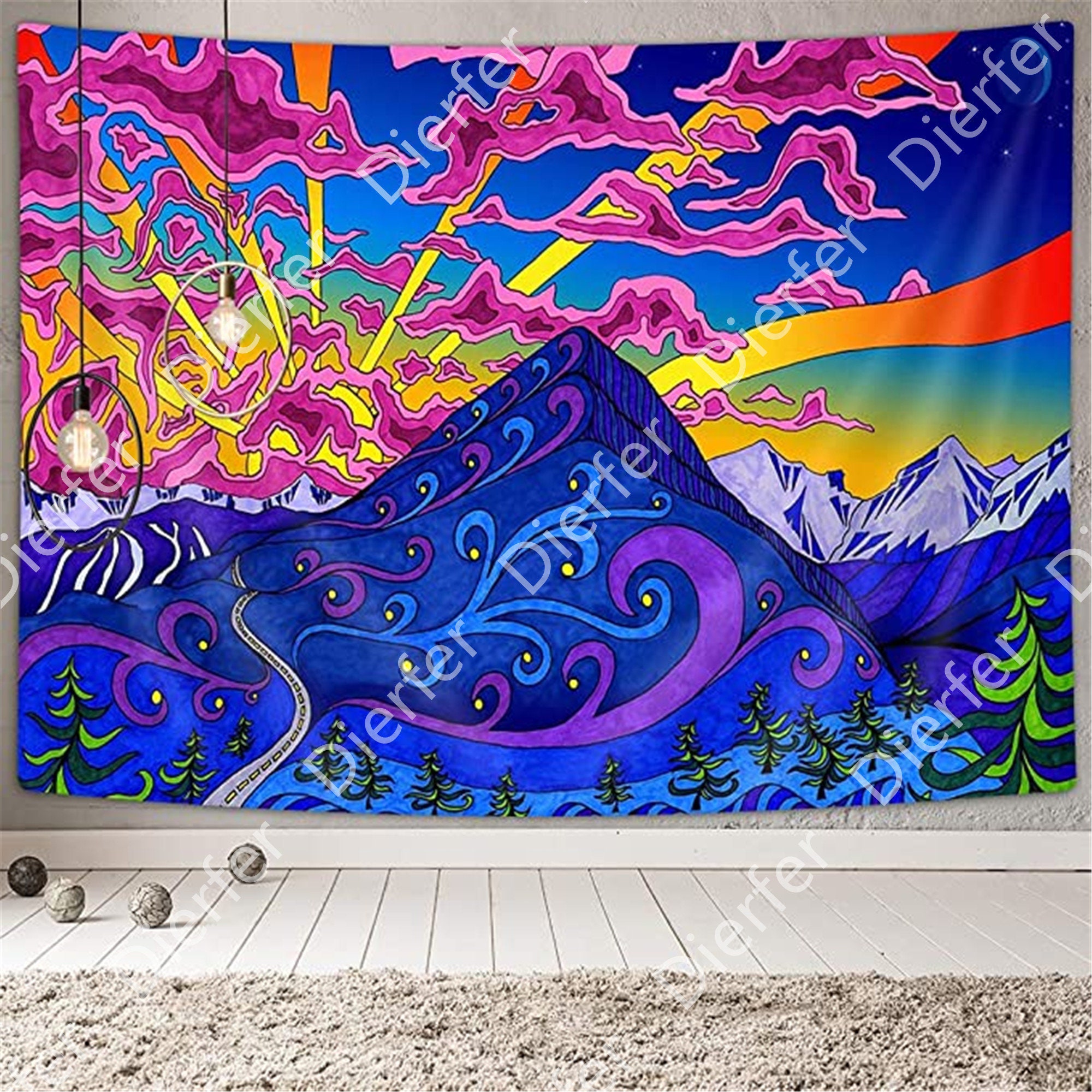 Trippy Mountain Tapestry Psychedelic Sunrise Sunset Wall | Etsy